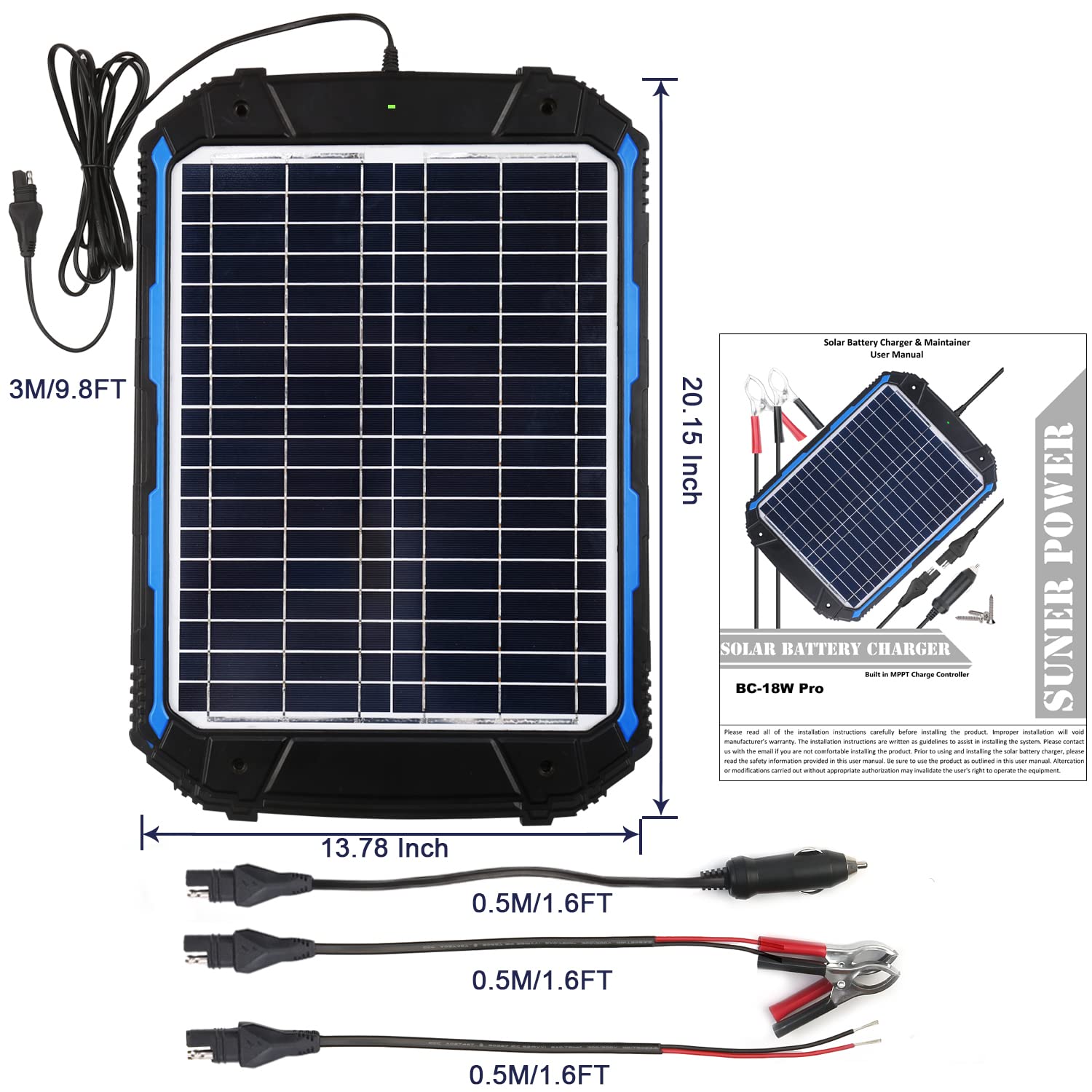 SUNER POWER Upgraded 12V Waterproof Solar Battery Charger & Maintainer ...