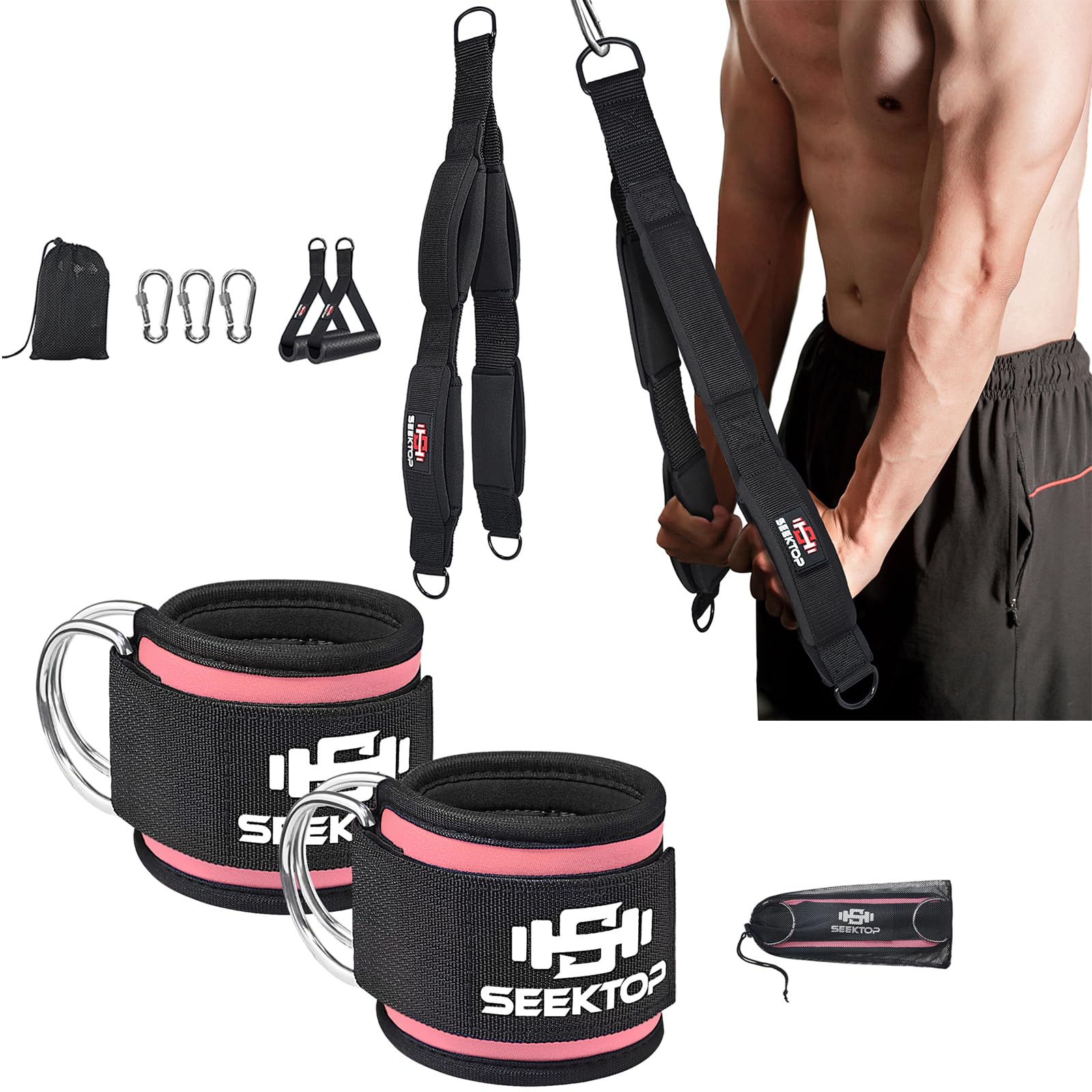 Amazon.com : Seektop Tricep Rope Cable Attachment and Pink Ankle Strap ...