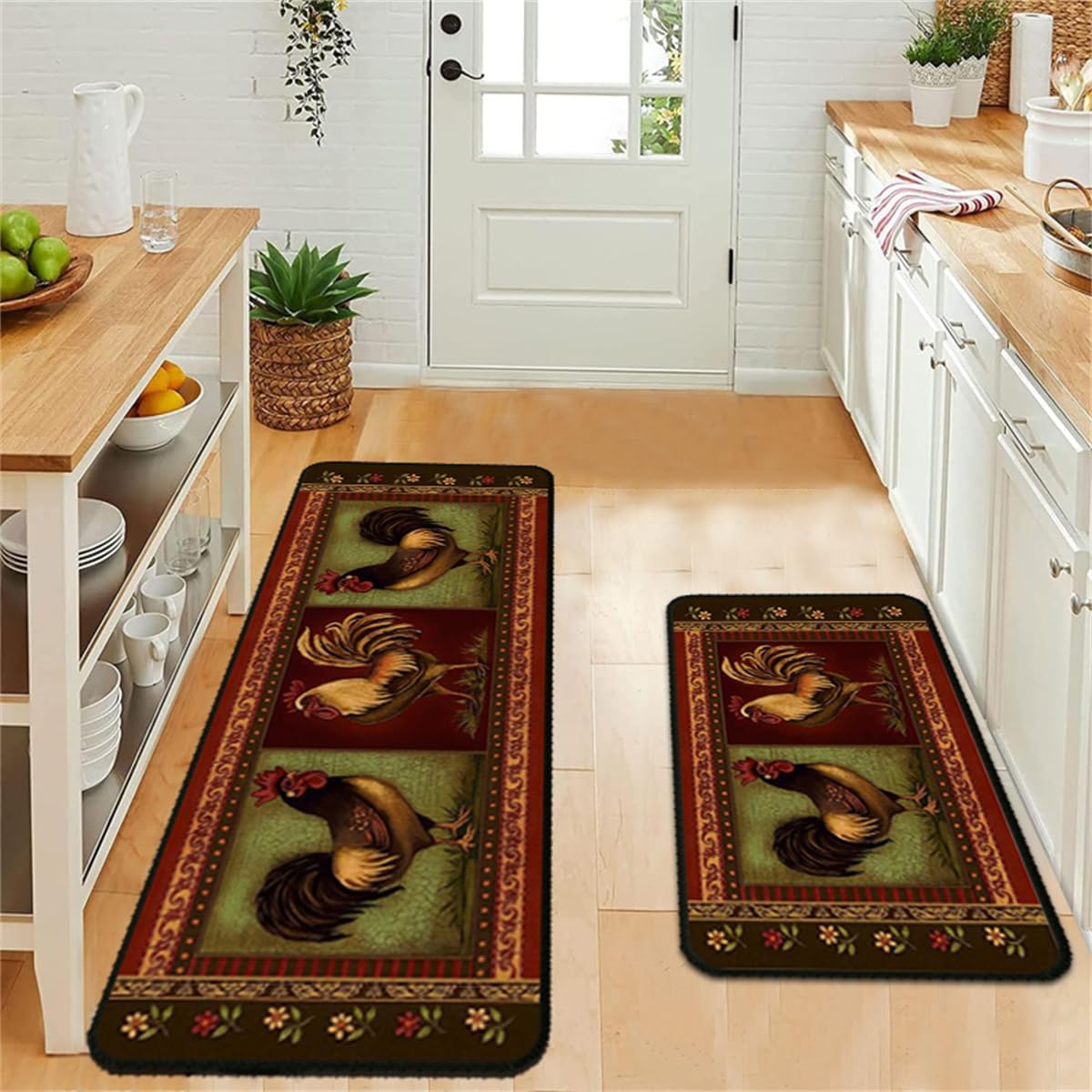 Amazon.com: Rooster Vintage Rugs for Kitchen Chicken Rustic Village ...