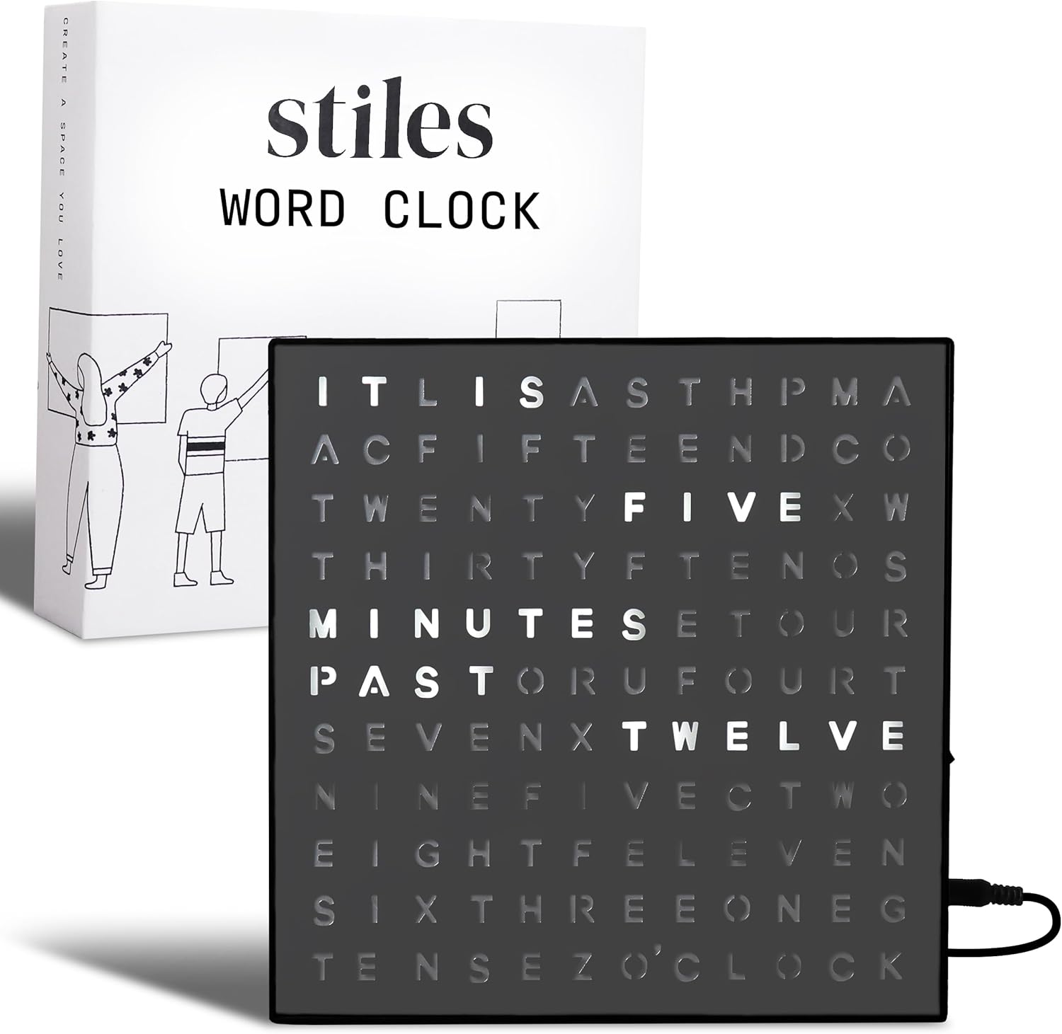 Amazon.com: Stiles Word Clock, 8" by 8" Modern LED Desk Clock with USB ...