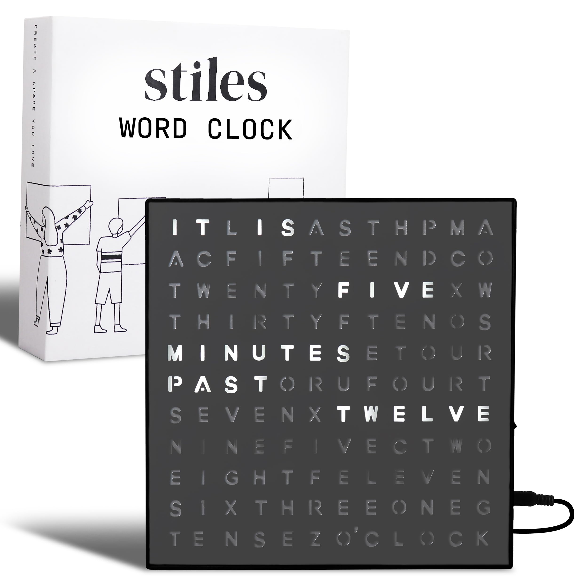 Amazon.com: Stiles Word Clock, 8"x8" Modern LED Desk Clock with USB ...