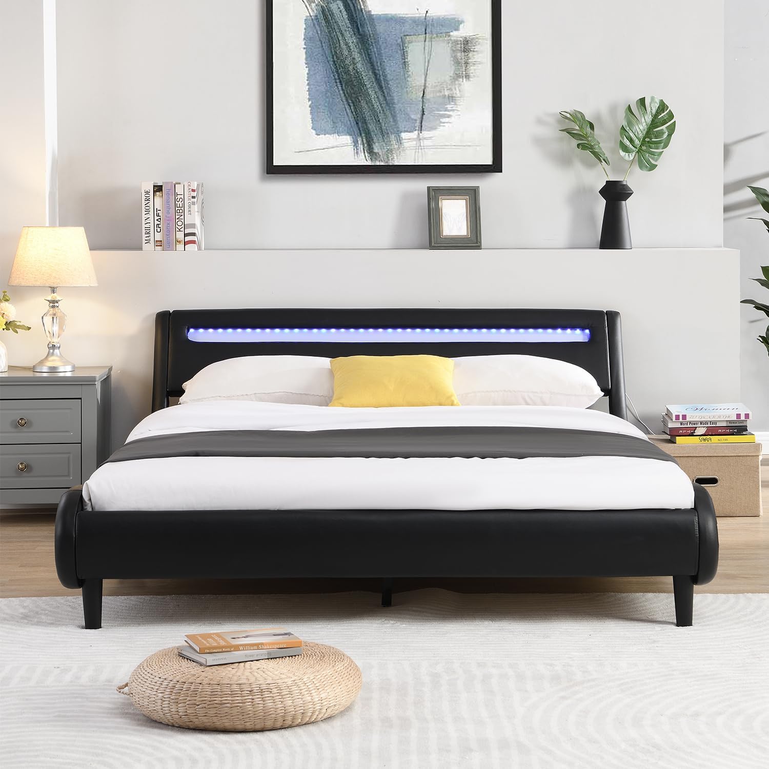 Amazon.com: Queen Led Bed Frame Modern Faux Leather Upholstered ...