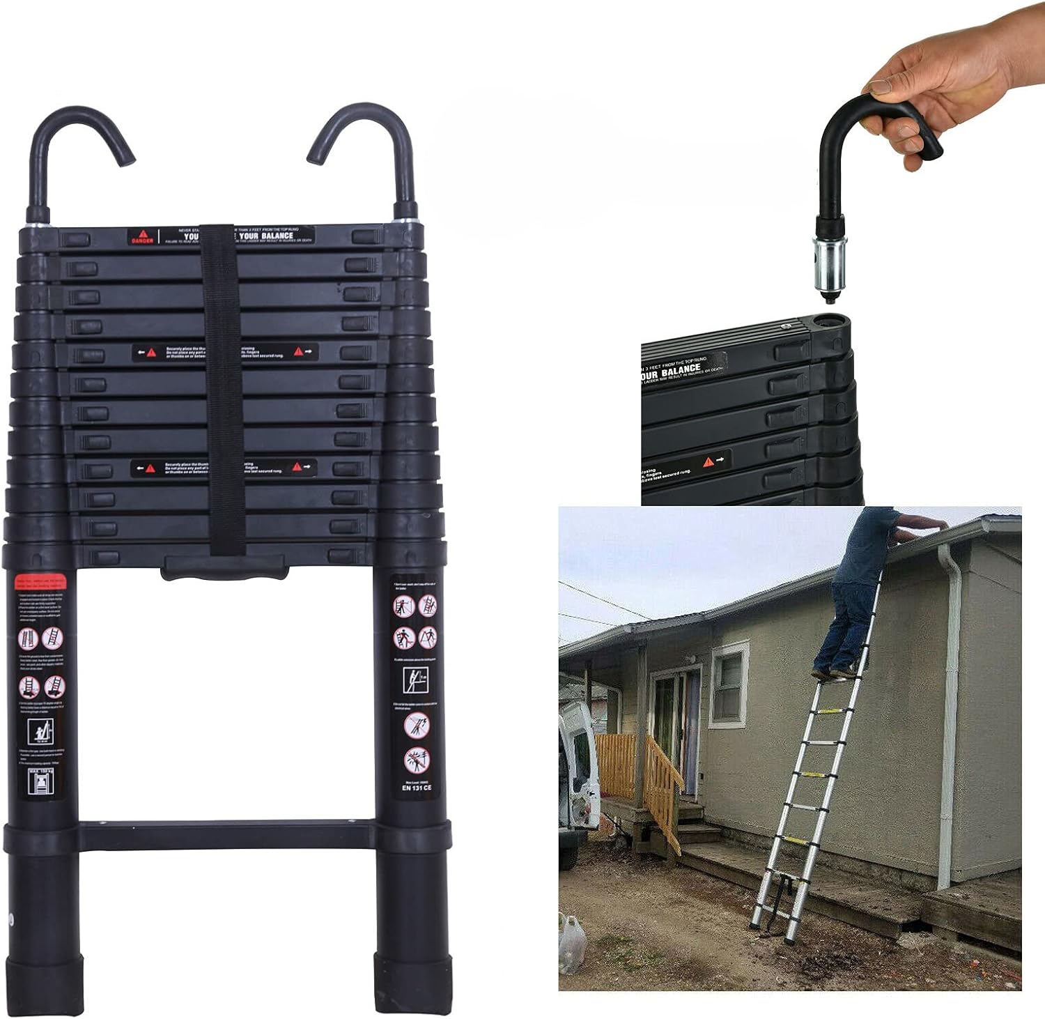 Telescopic Ladder with Hook 12.5FT Aluminum Straight Ladder Extendable ...