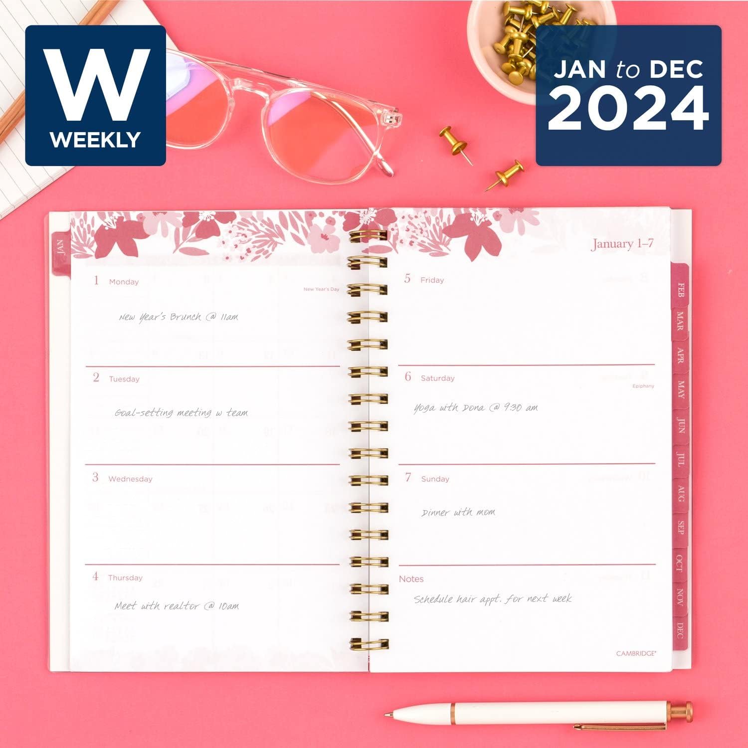 Cambridge Agenda semanal y mensual 2024, 5-12 x 8-12 pulgadas, pequeña ...