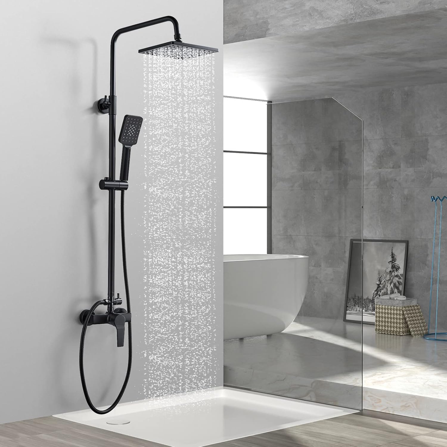kisimixer Shower System with Diverter Black, Shower Mixer Set with 8 ...