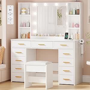 ANWBROAD BDT86W Large Dressing Table with Adjustable LED Lighting and ...
