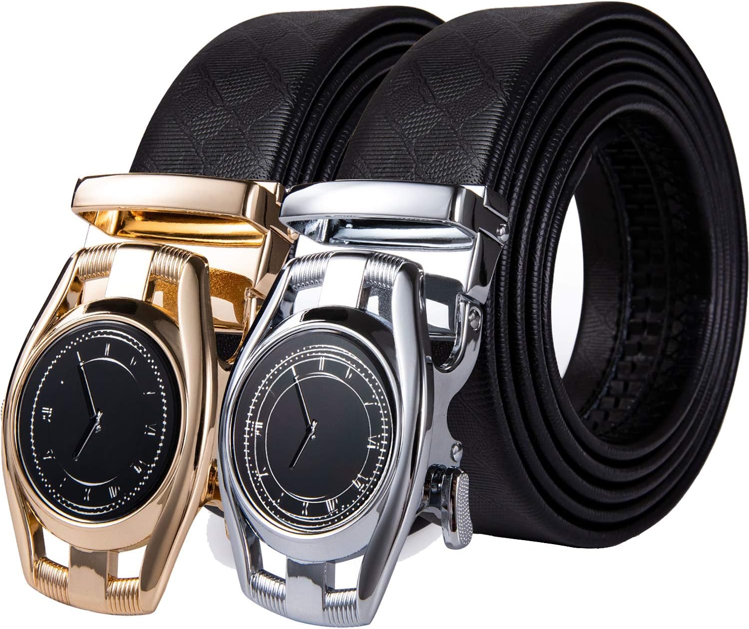 Barry.Wang Watch Designer Belt for Men Black Leather Ratchet Buckle ...