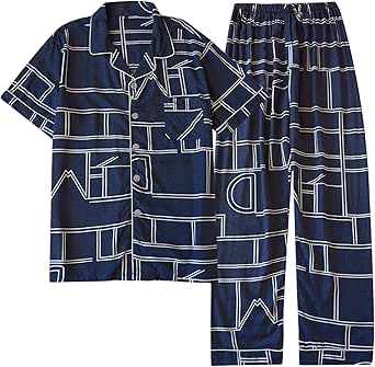 Cotton Short Sleeve Pajamas Set for Men Button Up Woven Sleepwear ...