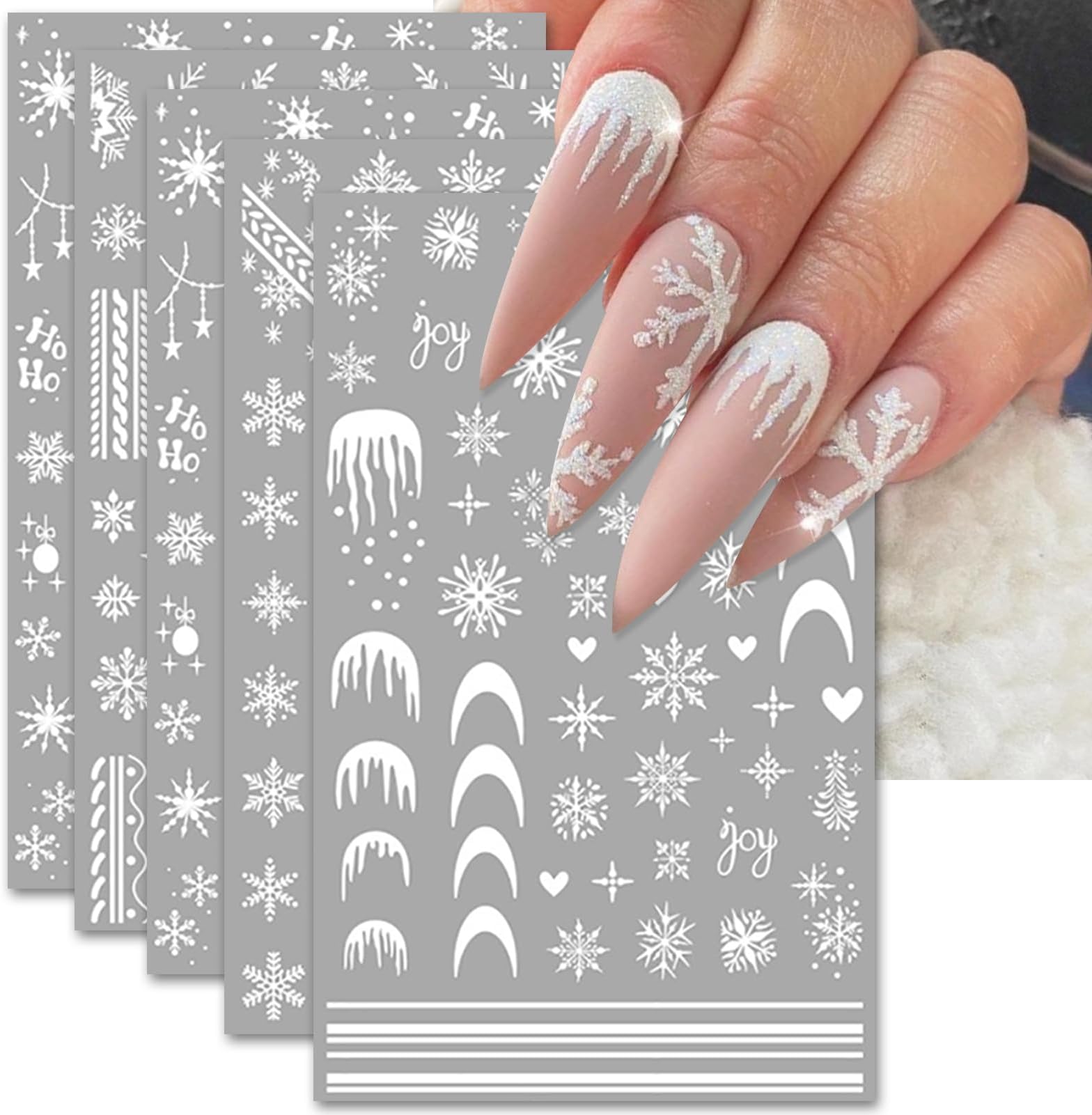 Amazon.com: 8Sheets Snowflake Nail Art Stickers White Glitter Snow Nail ...