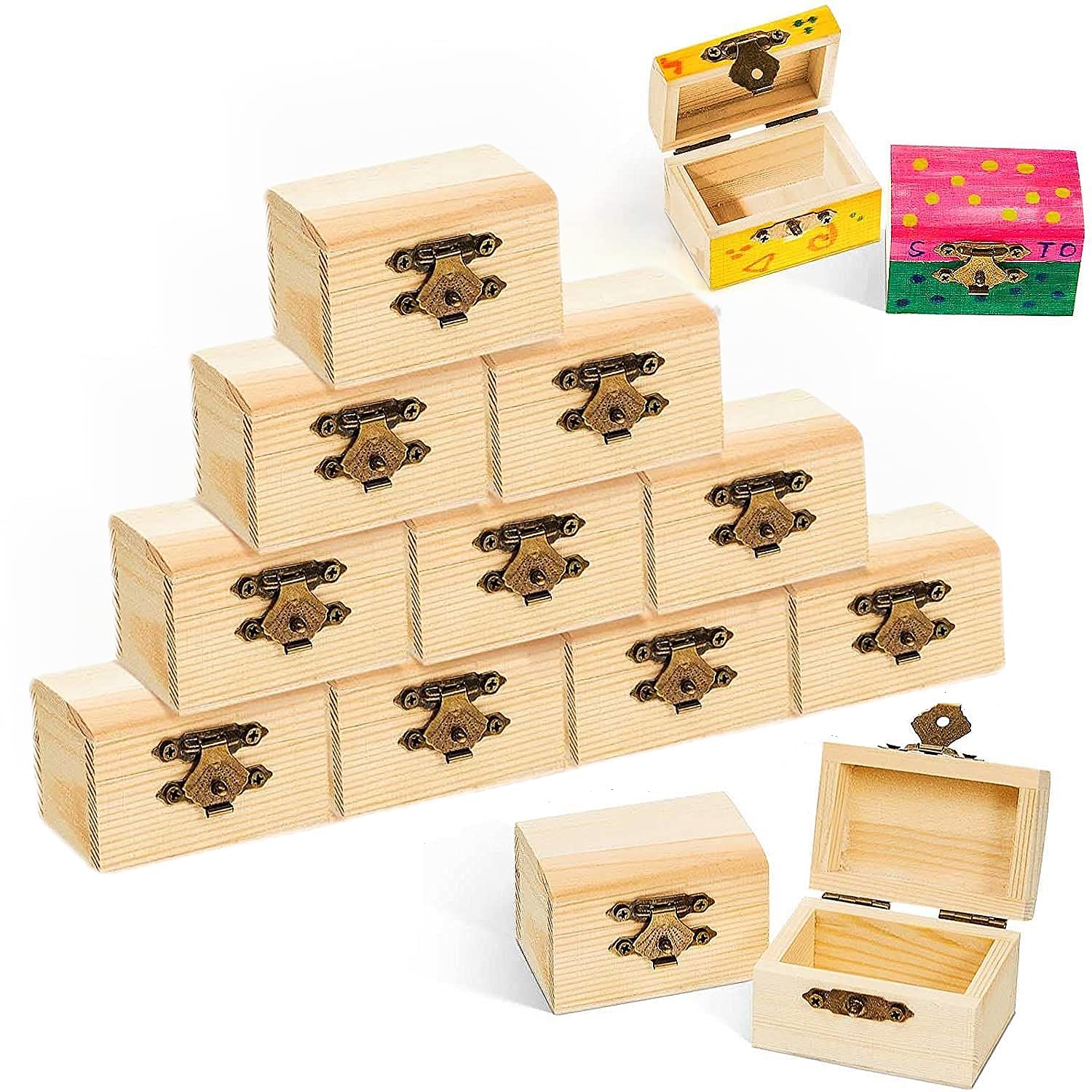 10 Pcs Small Unfinished Wood Treasure Boxes with Lid and Locking Clasp ...