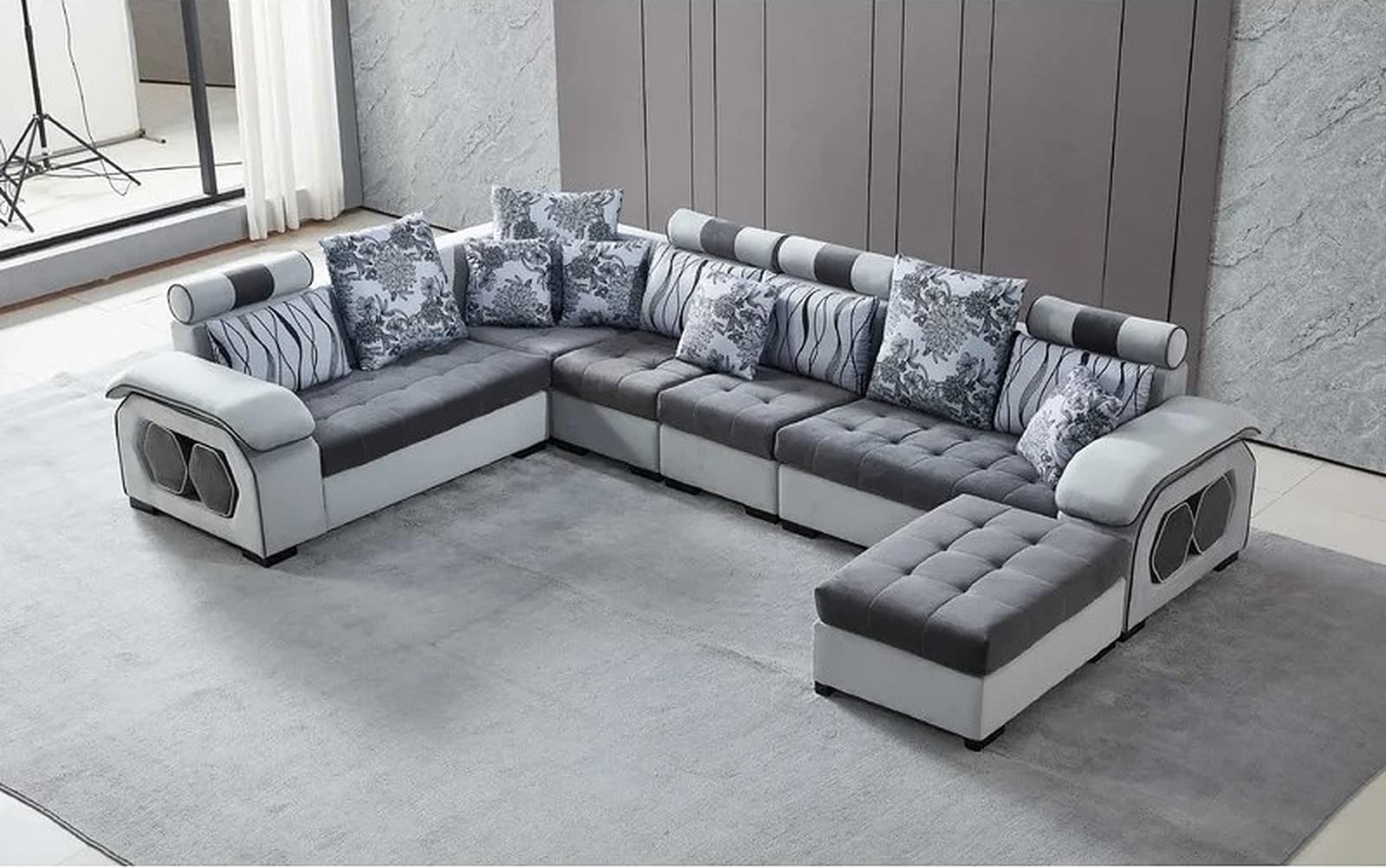 Homeify Salena 9 Seater Fabric Sofa Set with 4-Puffy Convertible Sofa Set for Living Room ...