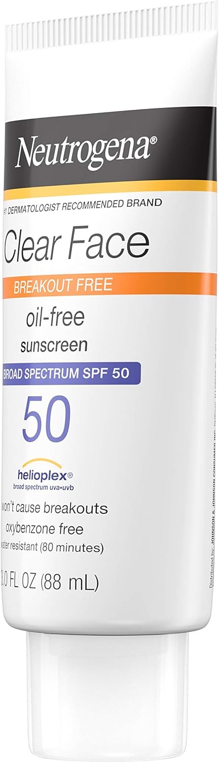 Neutrogena Clear Face Liquid Lotion Sunscreen for Acne-Prone Skin, Broad Spectrum SPF 50 UVA/UVB ...