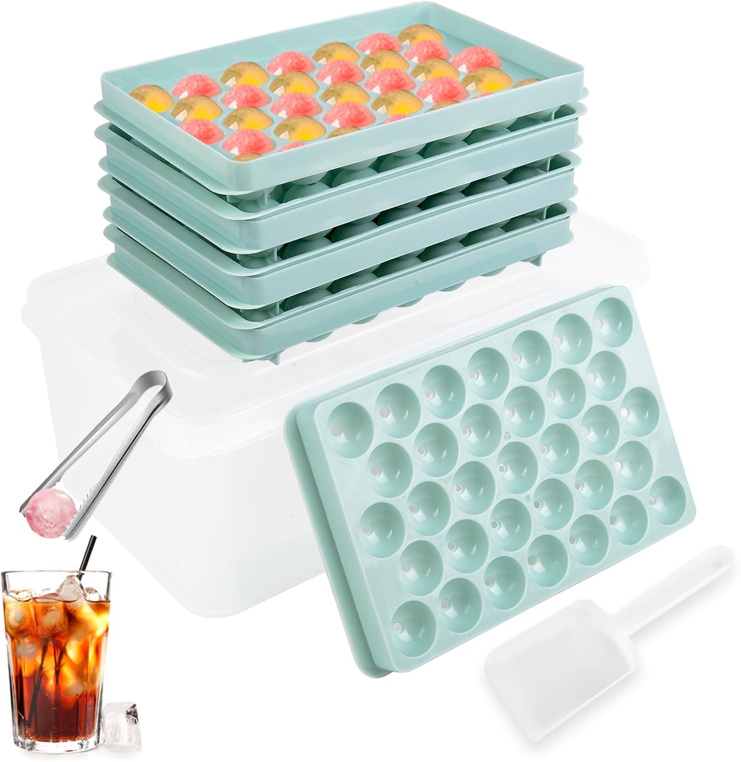 Amazon.com: ChezMax Ice Cube Tray with Lid and Bin, 132 Pcs Round Ice ...