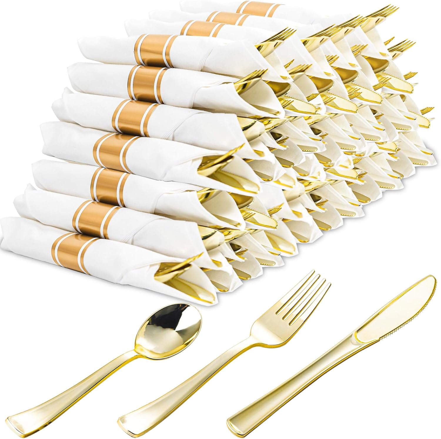 Amazon.com: N9R 120 Pack Pre Rolled Gold Plastic Cutlery Set, Wrapped ...