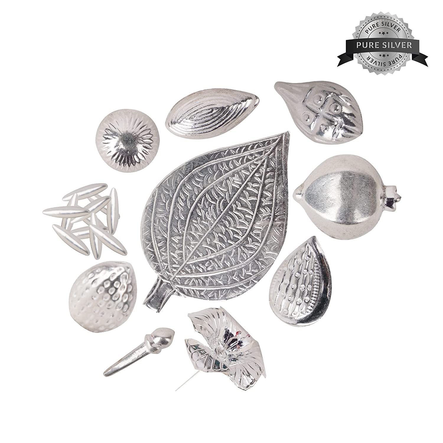 DHRUVS COLLECTION 925 Pure Silver Combo of 1 Paan Patta, 1 Supari, 1 Clove, 1 Flower, 1 Nariyal ...