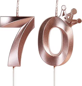 Yiran Rose Gold 70th Birthday Candles with Crown Decor, 3D Number 70 ...