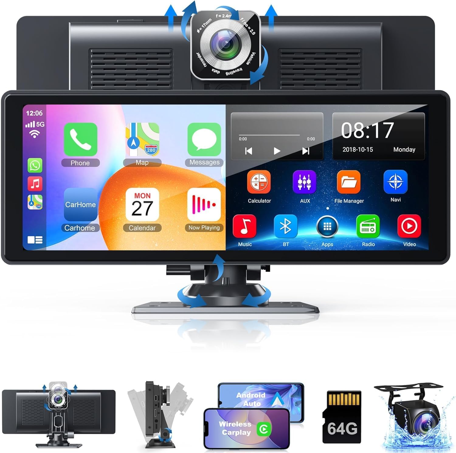 Portable Wireless Carplay& Android Auto Car Screen,10.26 Inch IPS ...