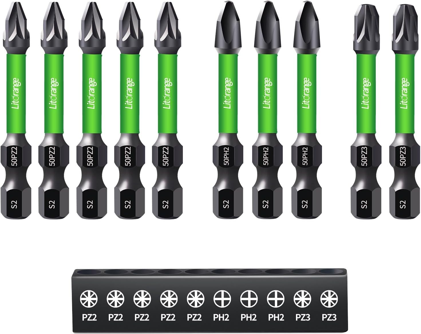Litorange 10Pcs 50 mm PZ2 PH2 PZ3 Magnetic Impact Driver Bits, S2 Steel ...