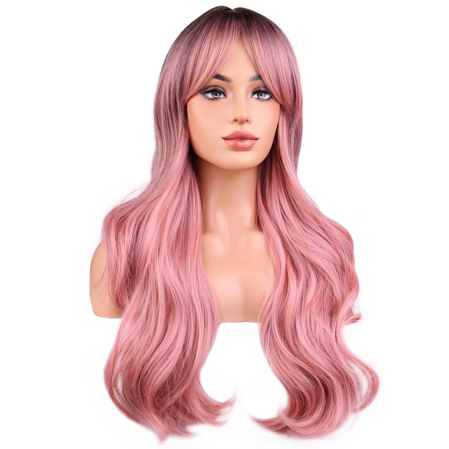 Amazon.com : MAGQOO Pink Wig for Women Ombre Pink Wig Long Curly Wavy ...