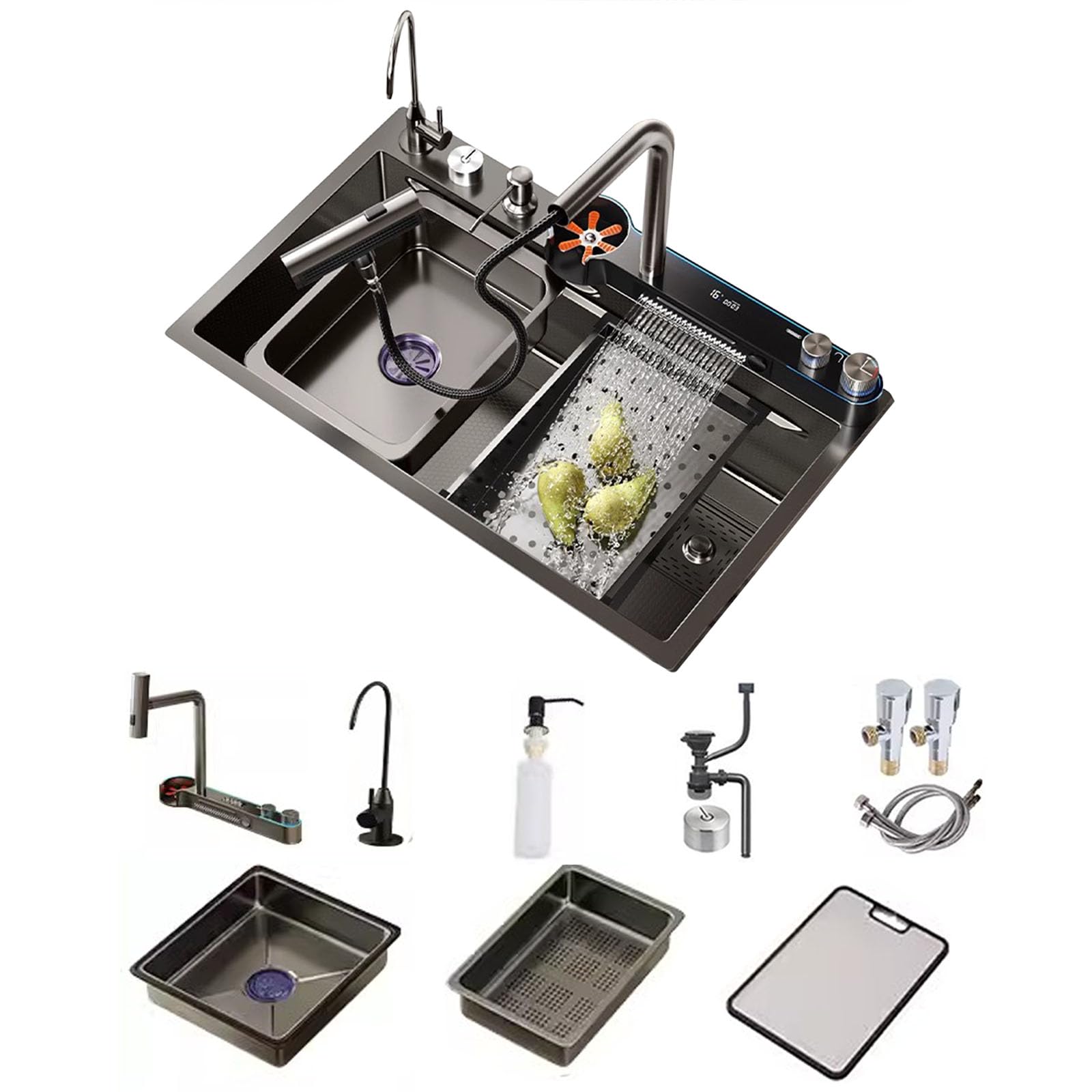FIVIXIL Kitchen sink integrated double waterfall sink with LED display ...