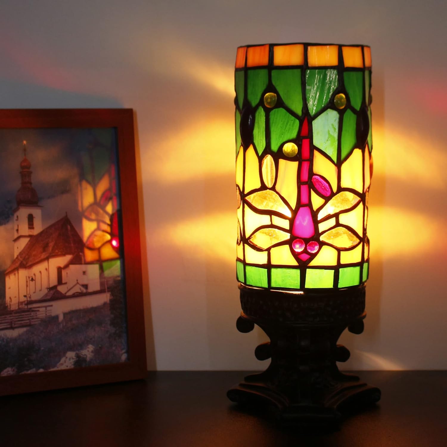 Tiffany Table Lamp Green Red Dragonfly Style Small Stained Glass Desk ...