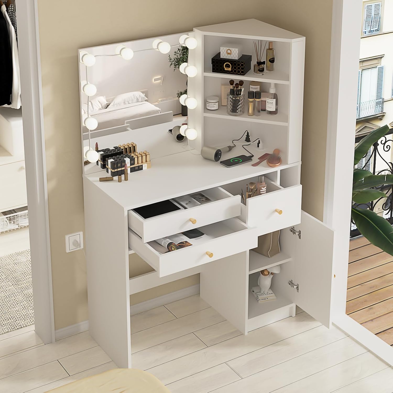 Amazon.com: White Vanity Desk with Mirror and Lights, 3 Shelves and 3 ...