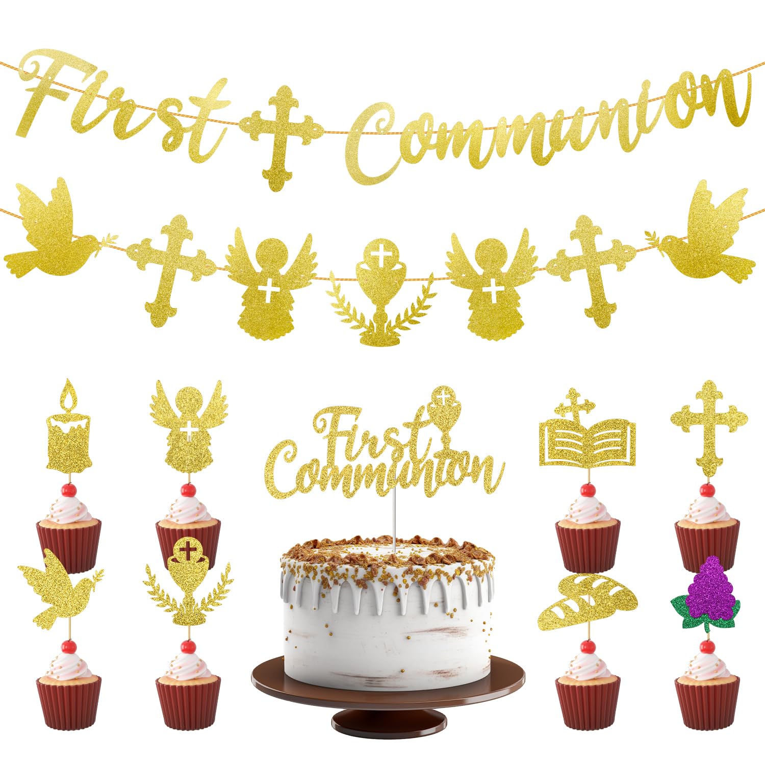 First Communion Decorations Gold Holy Communion Banner Cake Topper ...