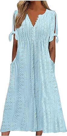 Amazon.com: Sun Dresses for Women Casual Short Sleeve Midi Eyelet Dress ...