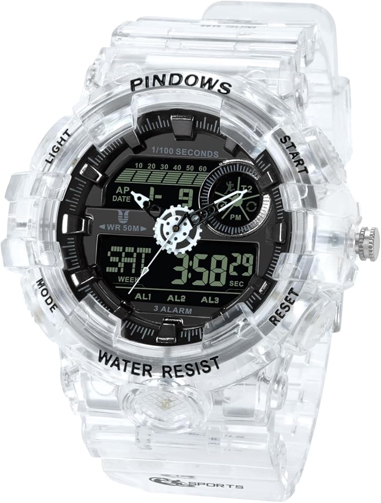 PINDOWS Watch for Men Big Dial Analog Digital Black Silicone Sport Multifunction Luminous LED ...