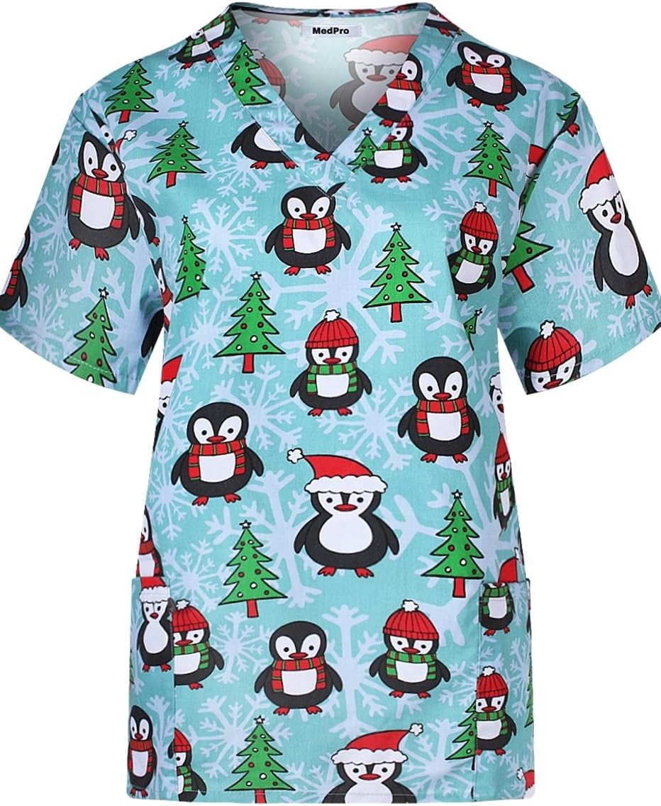 Amazon.com: MedPro Women's Christmas Print V Neck Medical Scrub Uniform ...