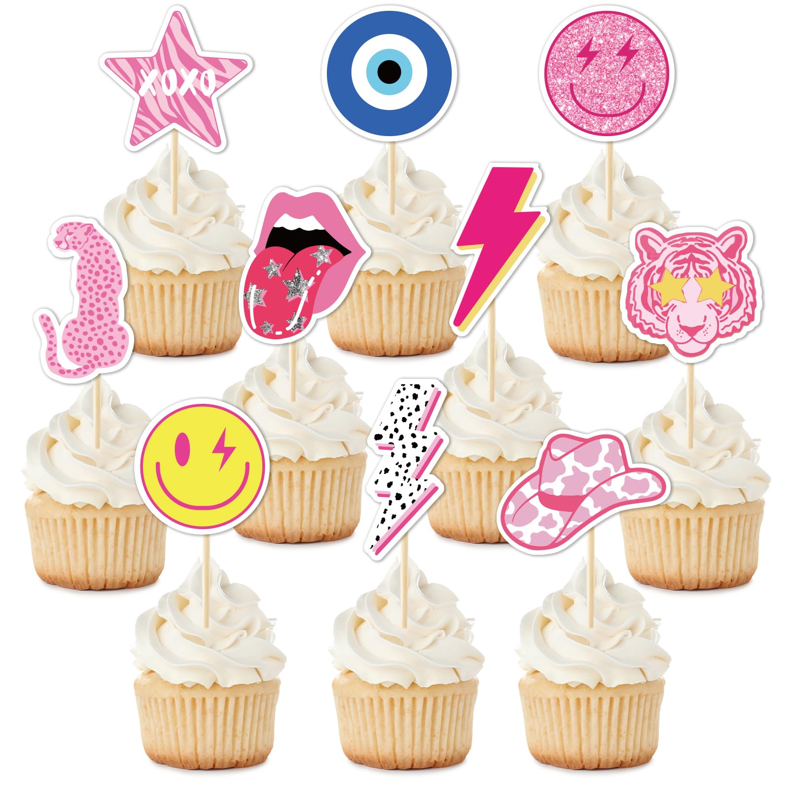 Whaline 40Pcs Preppy Pink Party Cupcake Toppers 10 Designs Paper Cake ...