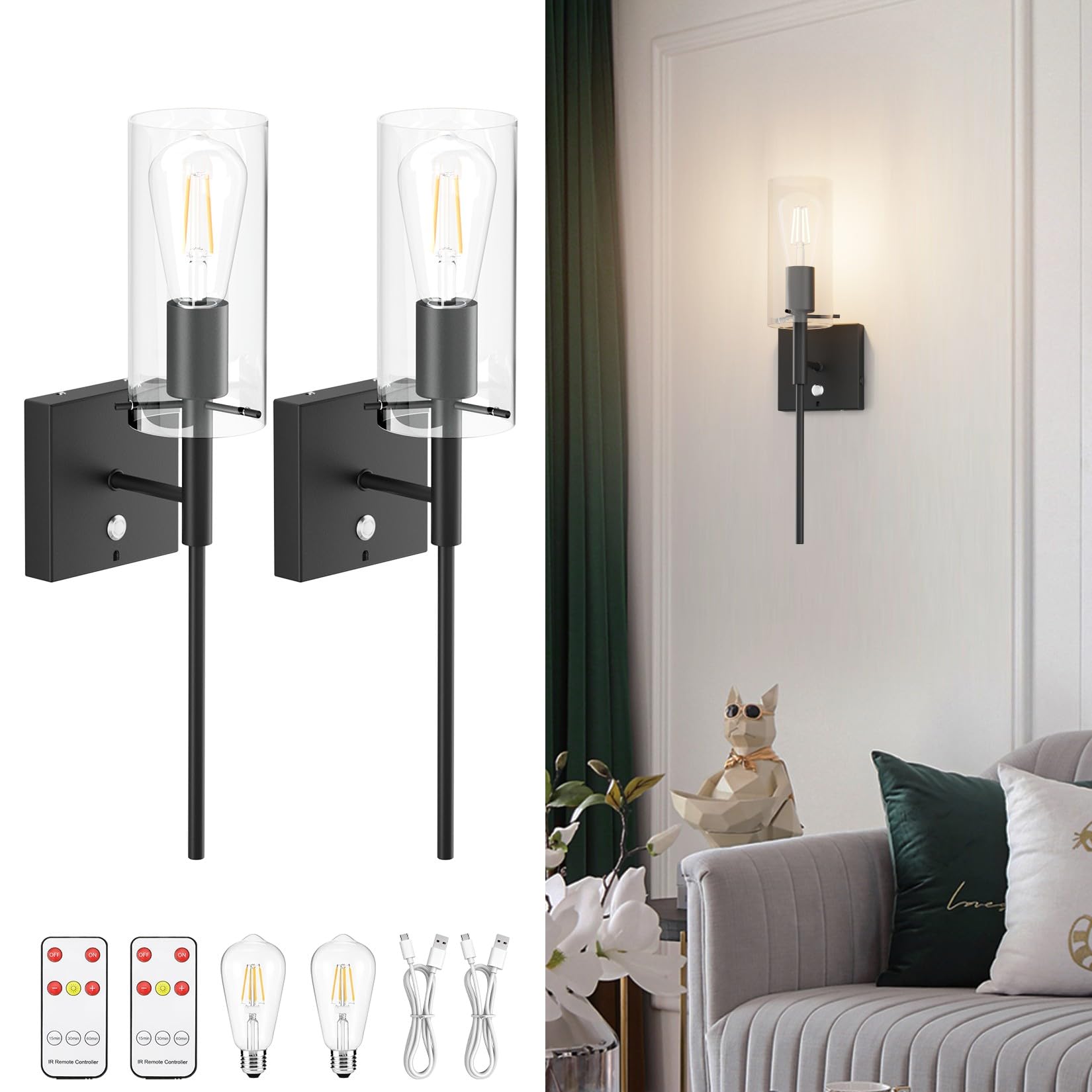 Tipace Battery Operated Wall Sconce Set of Two,No Wired Rechargeable Wall Lamp with Remote ...
