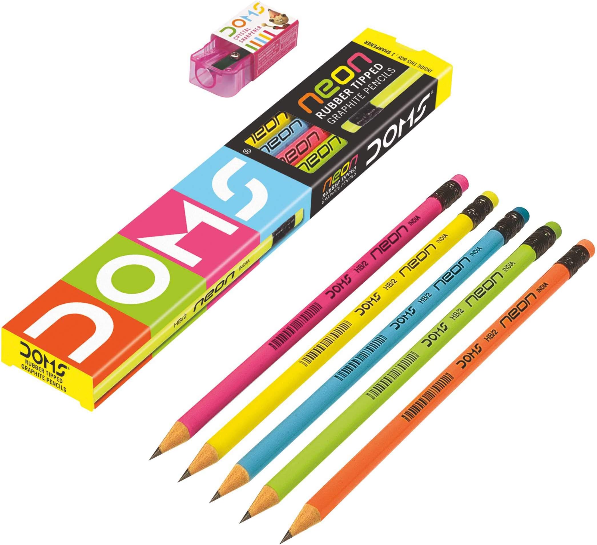 DOMS Neon Rubber Tipped HB/2 Graphite Pencils Box Pack | Non-Toxic ...