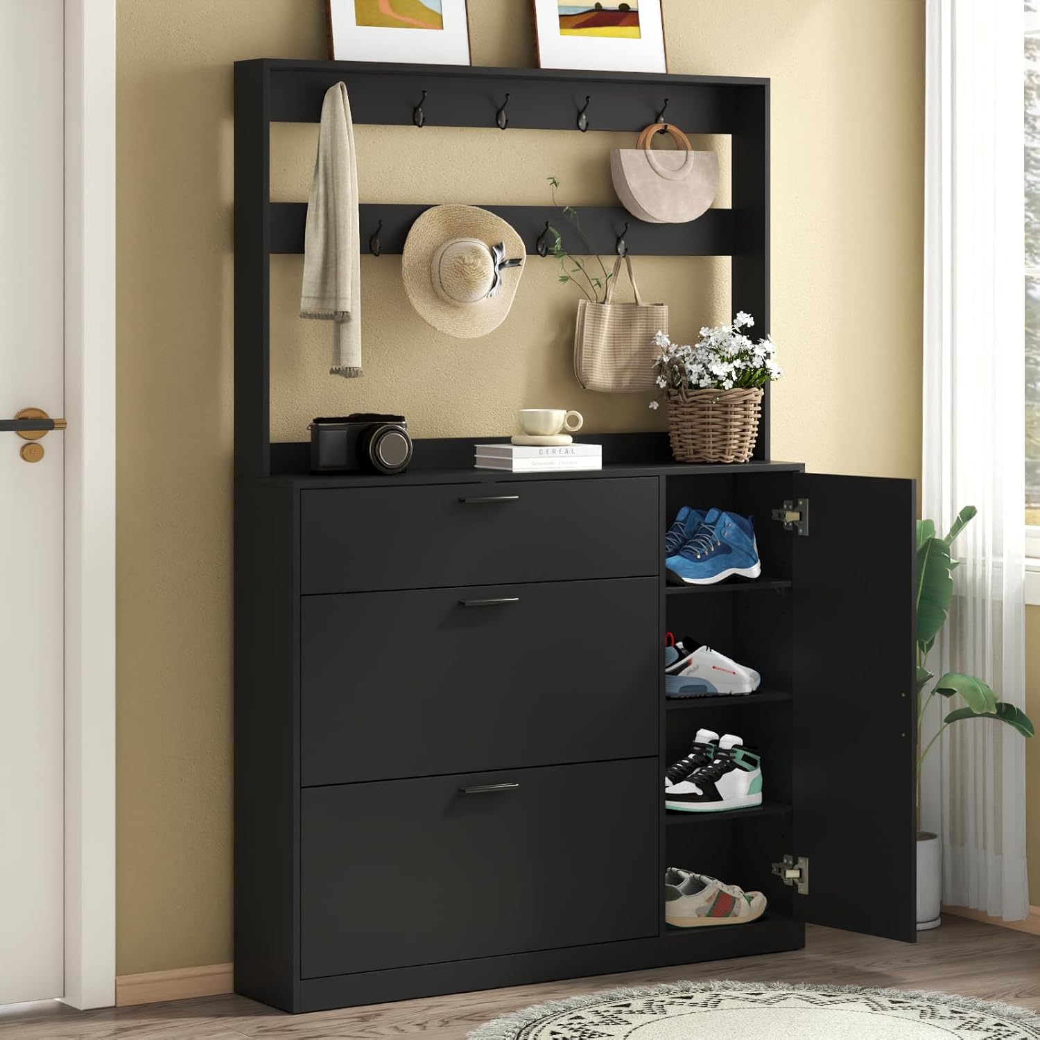 Amazon.com: Loomie Shoe Cabinet with 2 Flip Drawers & Coat Rack, Tall Shoe Storage Cabinet with ...