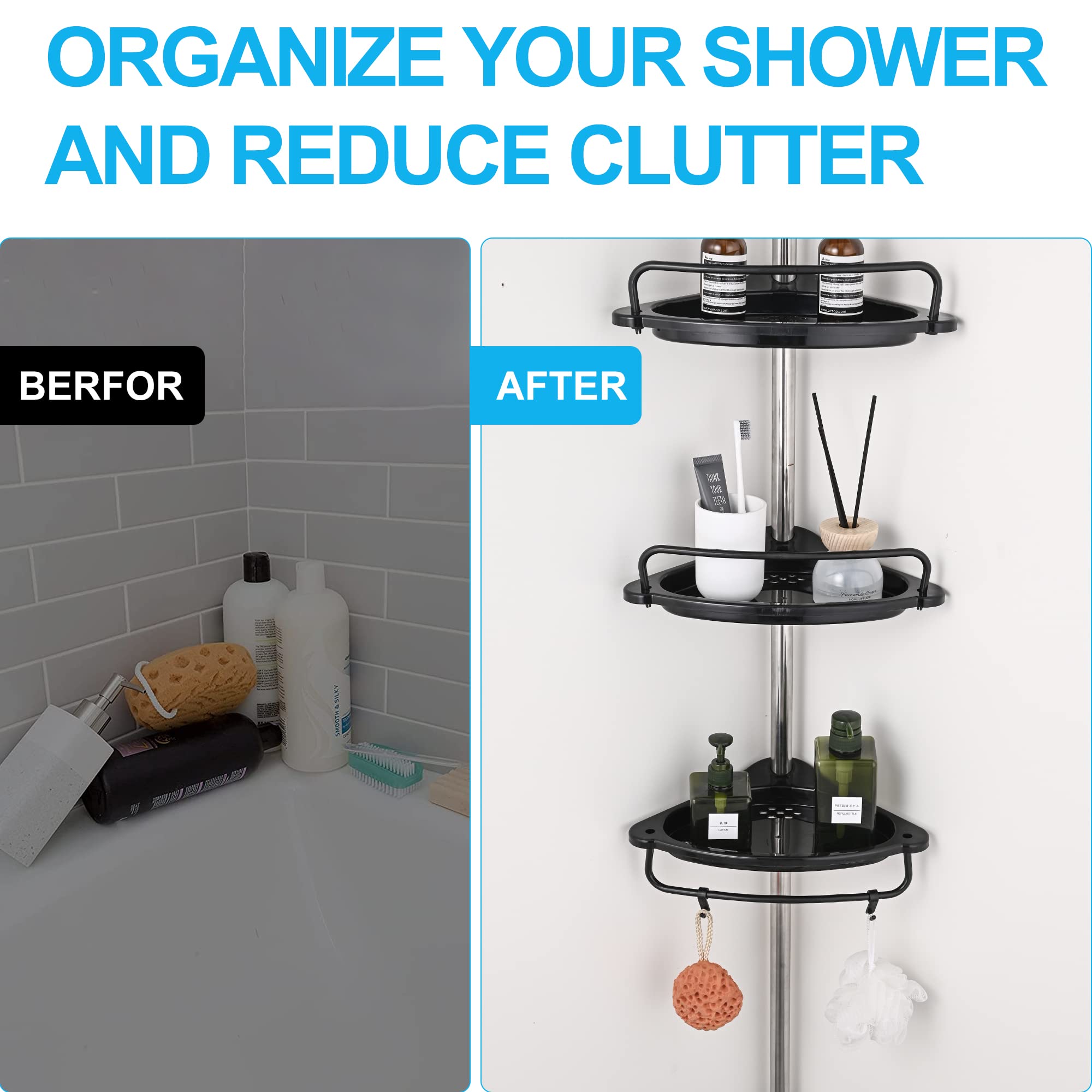 Hoomtaook Shower Caddy Tension Pole 4-Tier Corner Shower Shelves ...