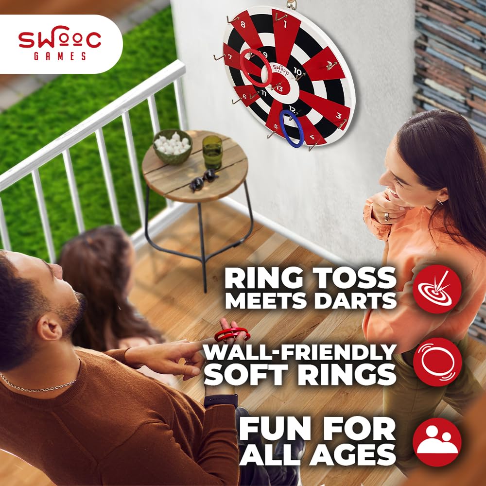 SWOOC Games ? Hook Darts Ring Toss Game ? Wood Board & Soft Rings ? 20 ...