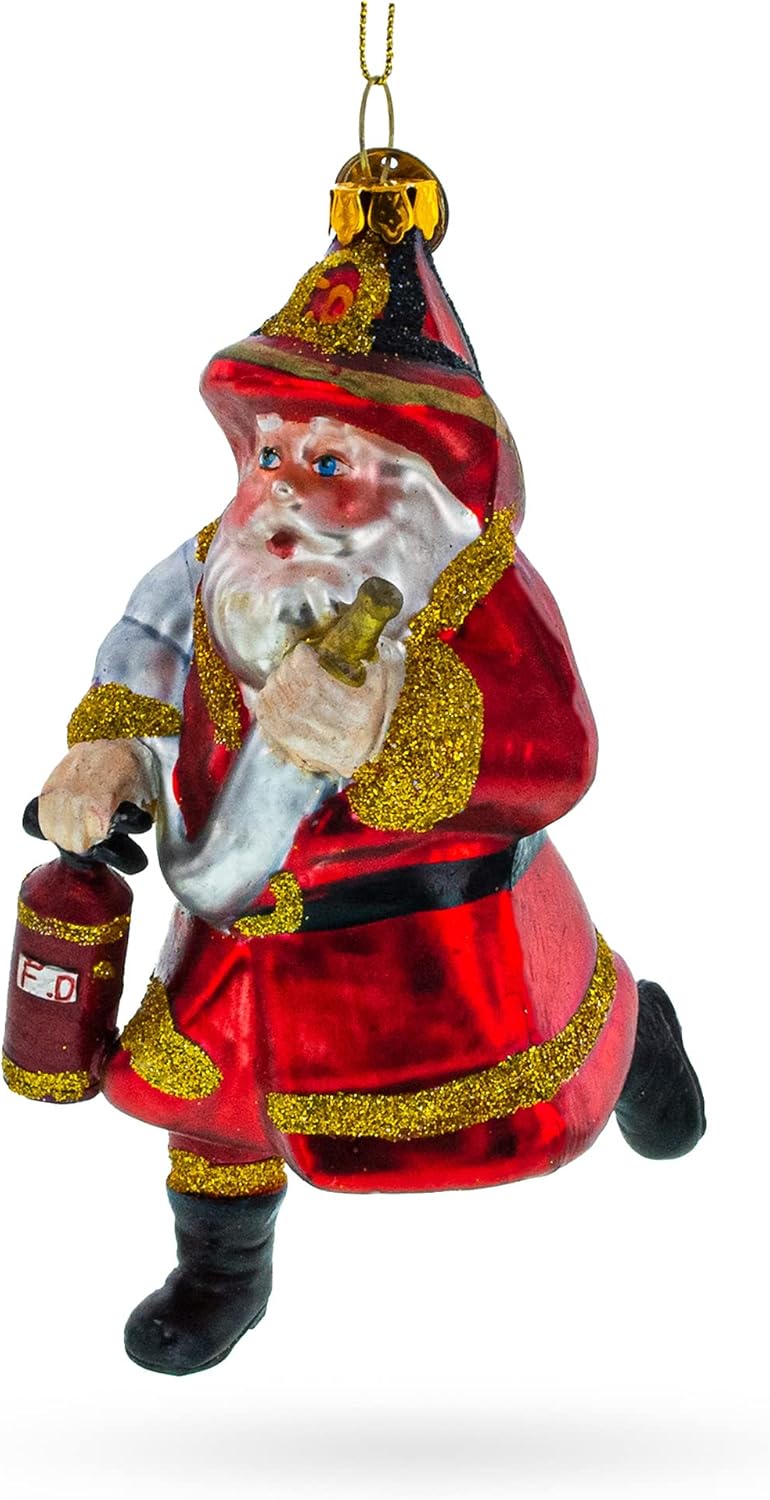 Amazon.com: Firefighter Santa with Extinguisher Glass Christmas ...
