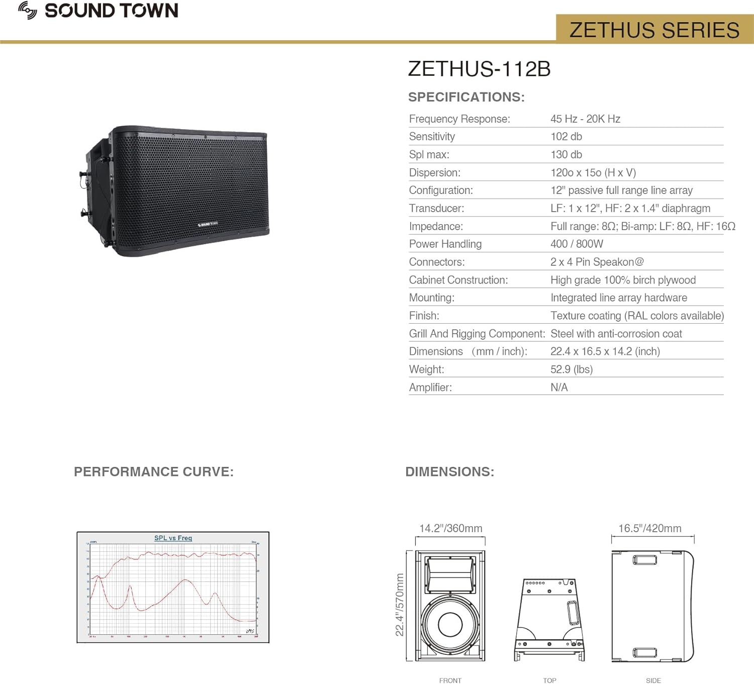 Sound Town ZETHUS Series 12 Two-Way Line Array Loudspeaker System, Full ...