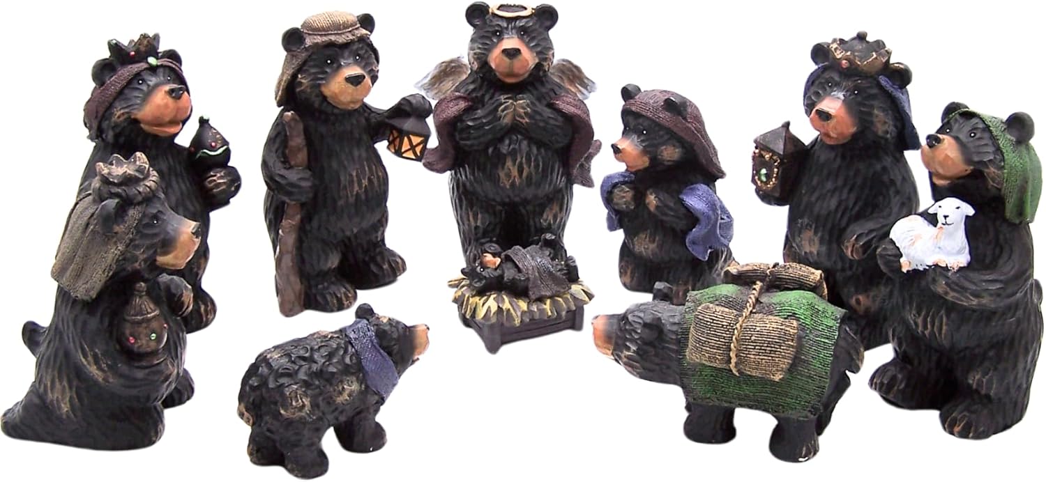 Wowser Black Bear Nativity Scene Figurine Set: 10-Piece Rustic Tabletop ...