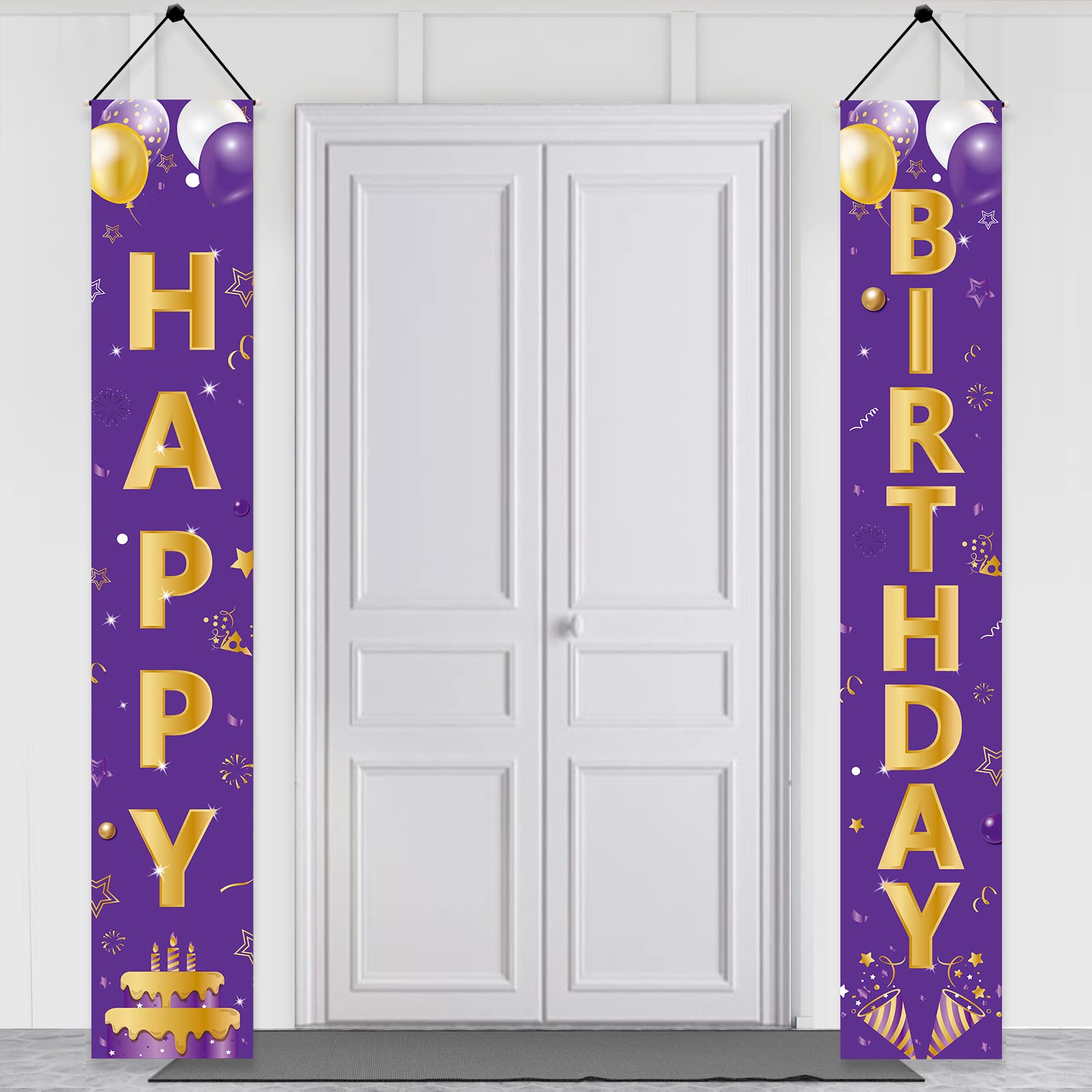 Amazon.com: Purple Gold Happy Birthday Door Banner Decorations, Happy ...