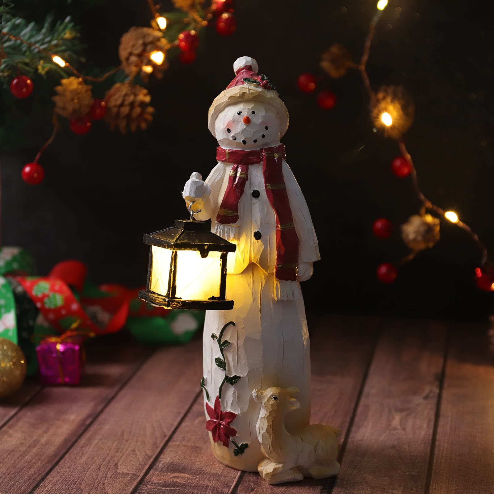 Snowman Figurine Resin Statue,Woodland Snowman with Lantern,Christmas ...