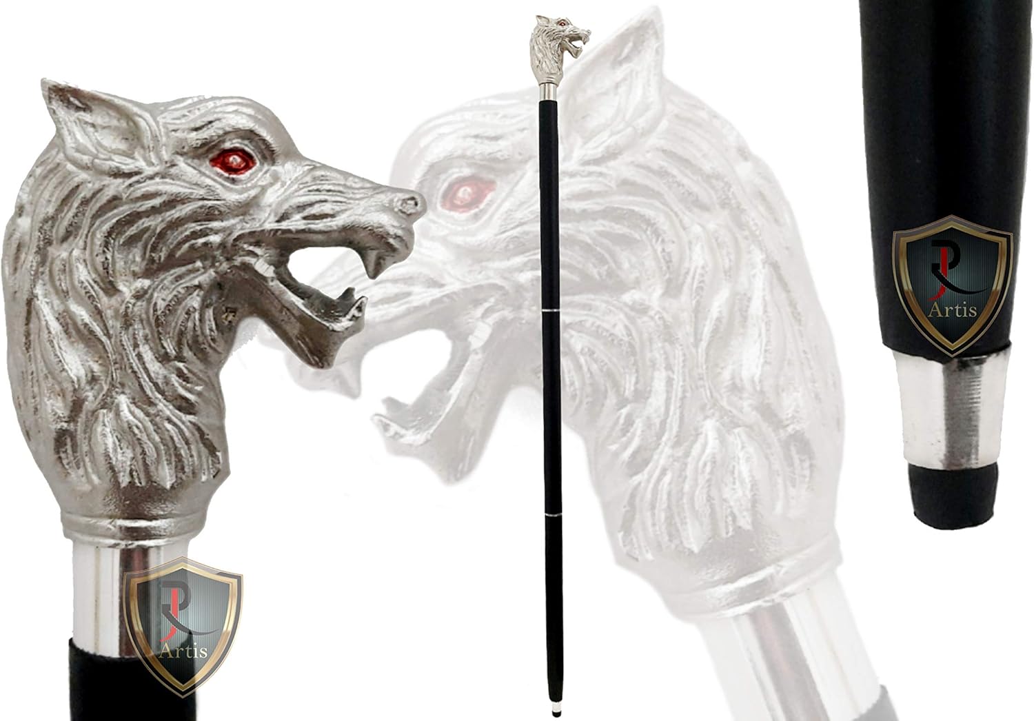 Amazon.com: Wooden Cane Silver Aluminium Wolf Head Handle Wooden ...