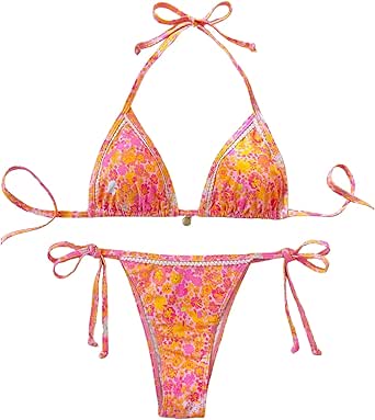 Amazon.com: GORGLITTER Women's High Cut Thong Bikini Set Floral Halter ...