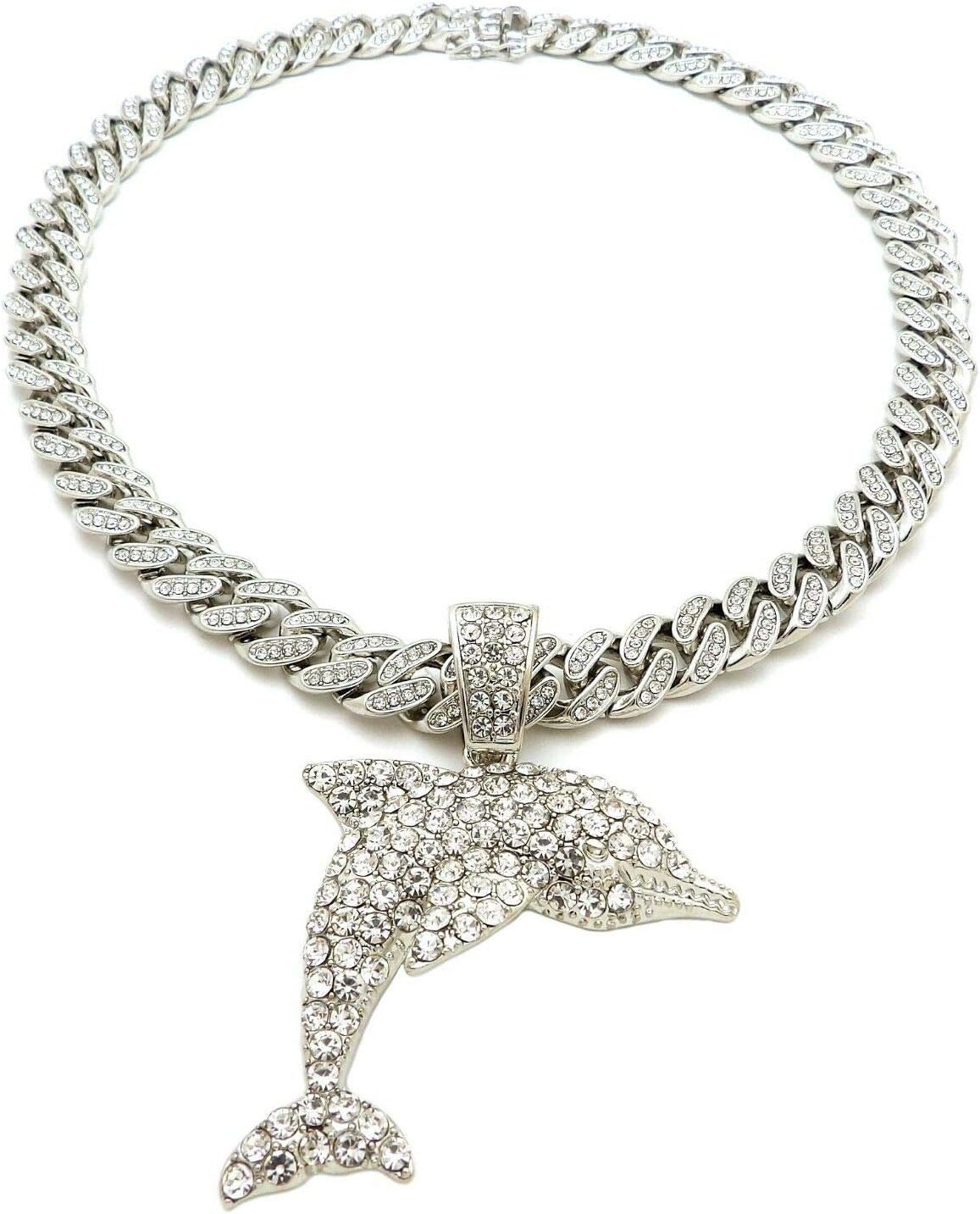 BLINGFACTORY Hip Hop Jewelry Silver Plated Large Dolphin pendant & 12mm ...