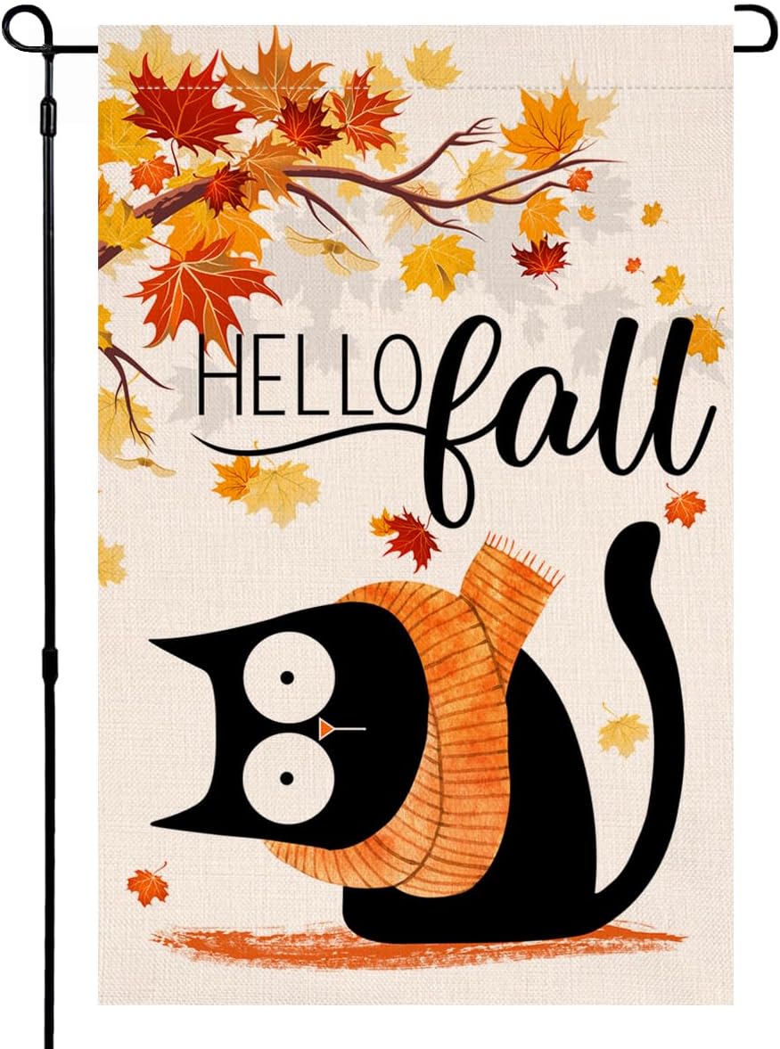 Amazon.com : BLKWHT Hello Fall Cat Garden Flag 12x18 Vertical Double ...