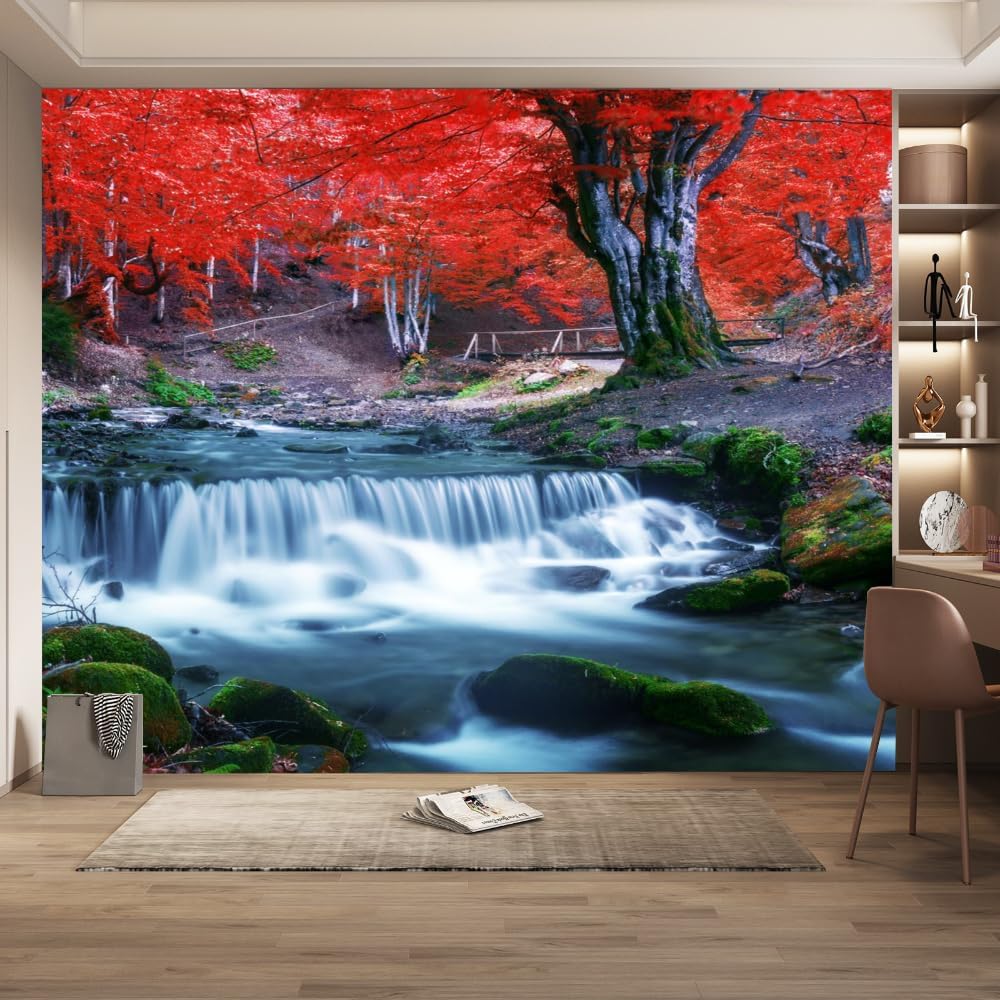 VIOLK Waterfall Red Maple Leaf 3D Wall Murals, Tropical Landscape Large ...