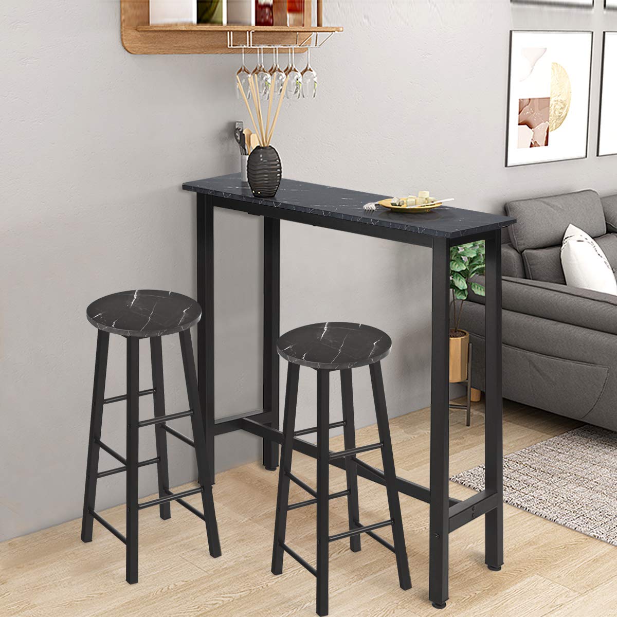 COSTWAY 3-Piece Bar Table Set with 2 Stools, Industrial Counter Dining ...