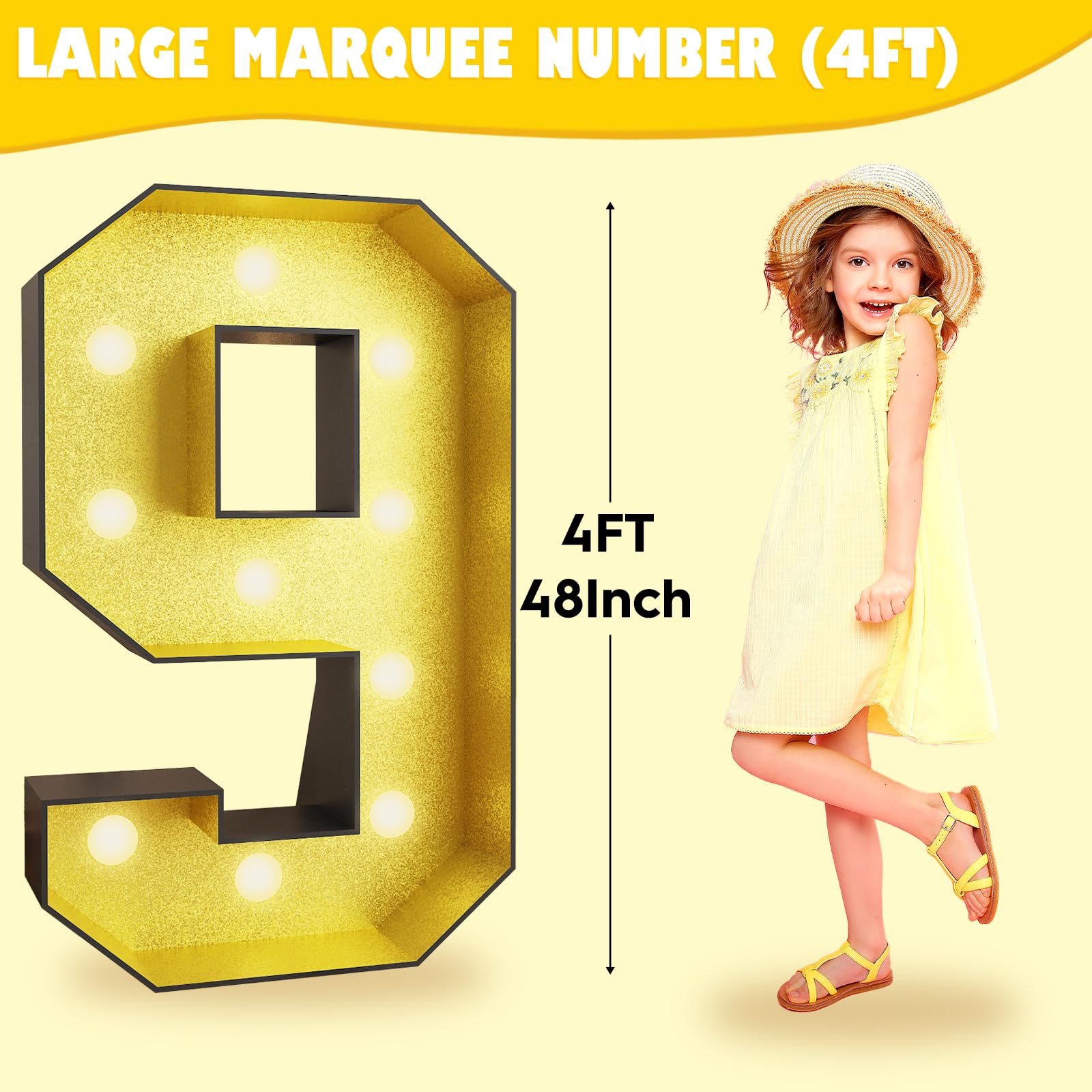 Snapklik.com : 4FT Marquee 9 Numbers, Light Up 9 Glitter Gold Giant ...