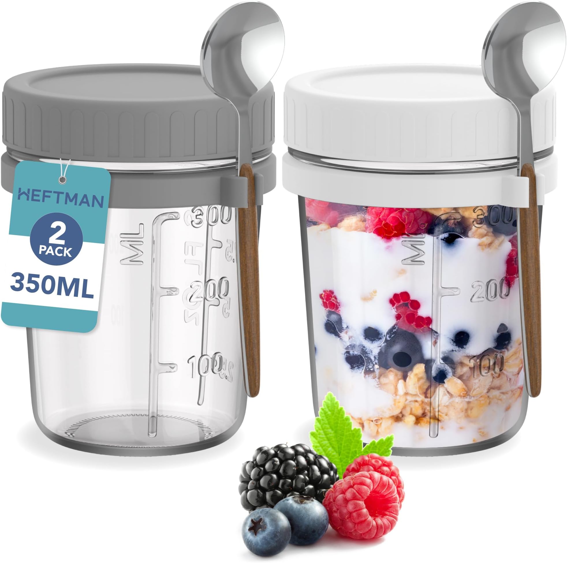 HEFTMAN Glass Overnight Oats Jars with Lids - 2 Pack 350ml Overnight ...