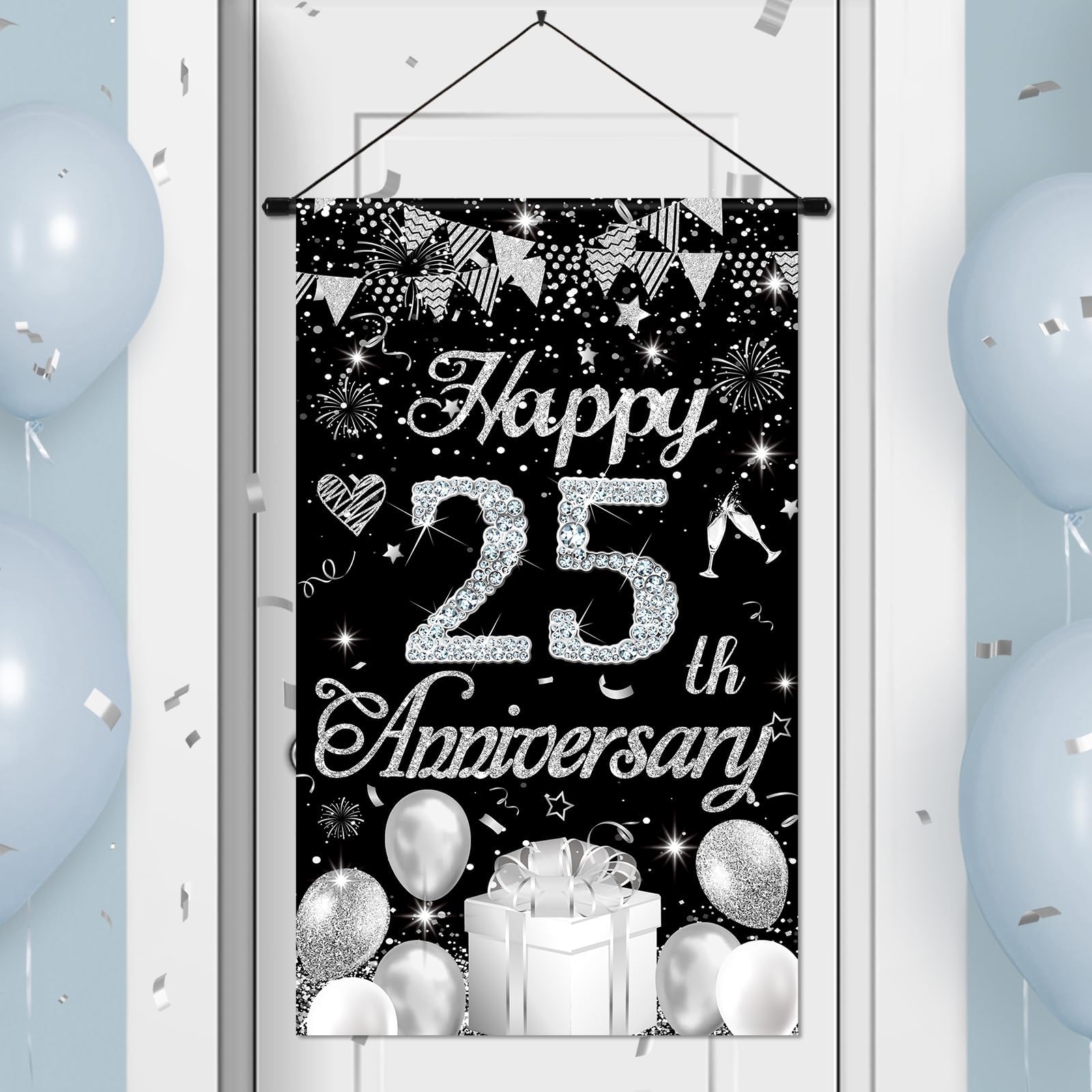 Amazon.com: CHEERS TO 25 YEARS Banner, Pre-Strung, Black Gold 25th ...